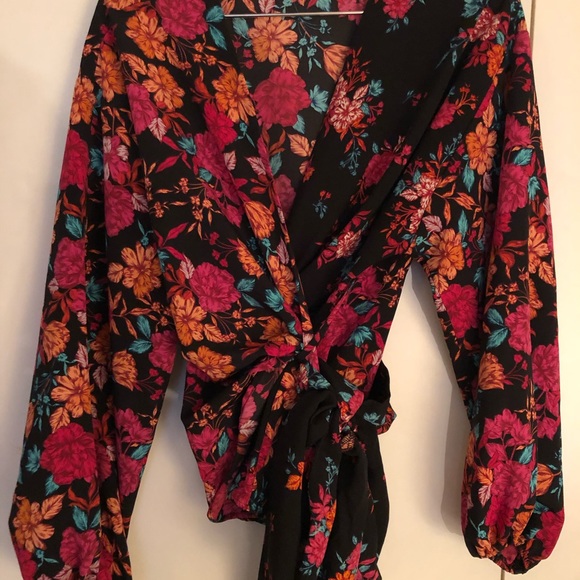 Primark | Tops | Primark Floral Wrap Blouse Black Pink Orange Teal ...